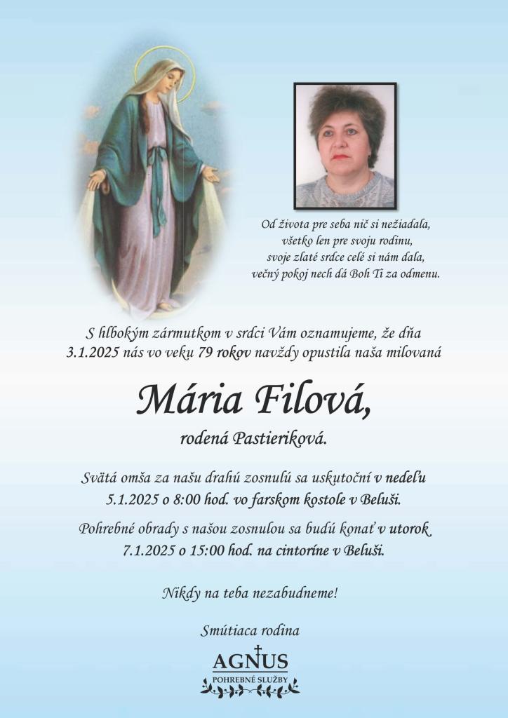 Filová Mária- smútočné oznámenie - Oficiálna stránka obce Beluša
